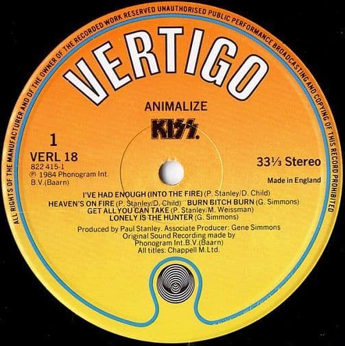 KISS Animalize Vinyl Record LP Vertigo 1984