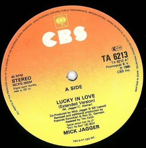 MICK JAGGER Lucky In Love Extended Version Vinyl Record 12 Inch CBS 1985