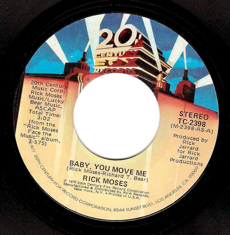 RICK MOSES Baby You Move Me Vinyl Record 7 Inch US 20th Century Fox 1977