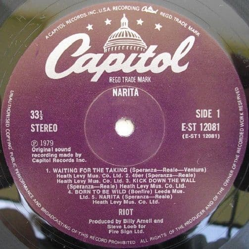 RIOT Narita Vinyl Record LP Capitol 1979