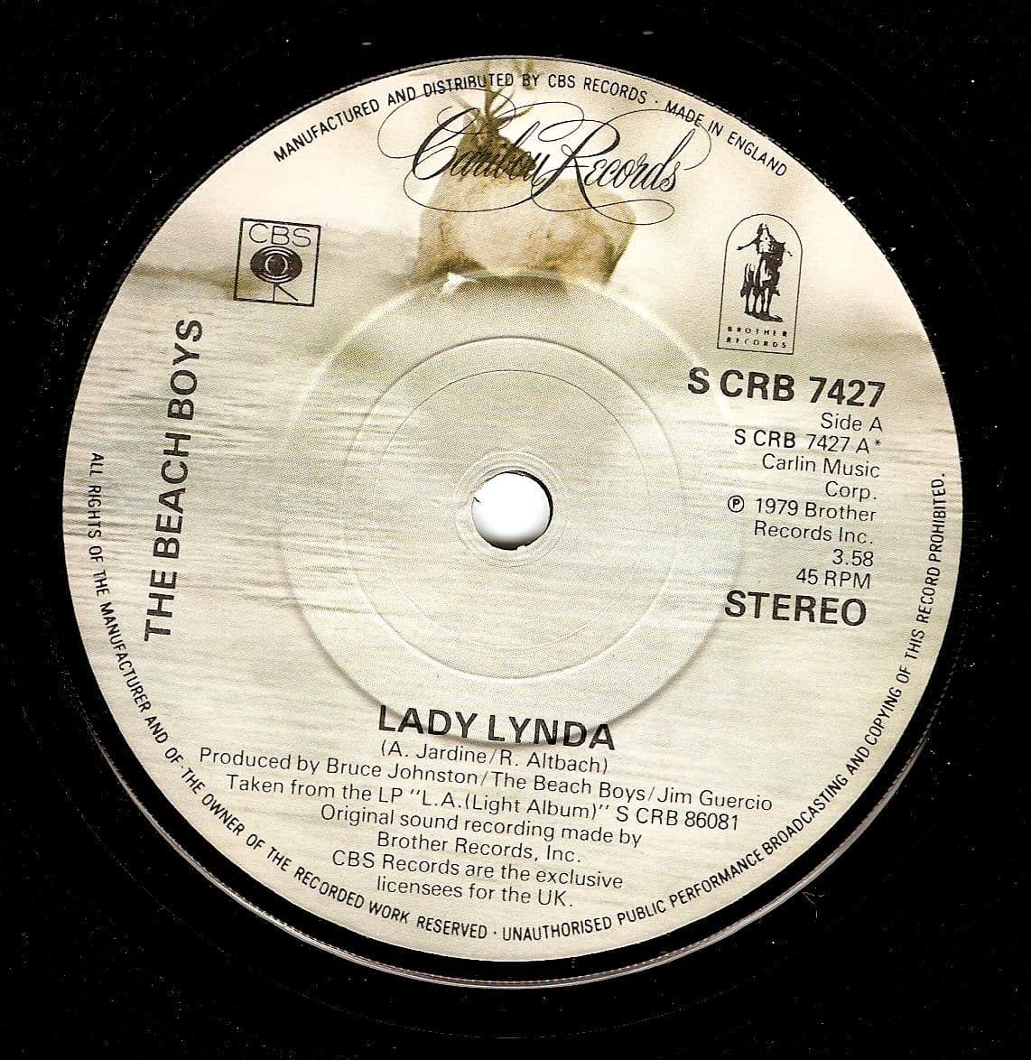 THE BEACH BOYS Lady Lynda Vinyl Record 7 Inch Caribou 1979