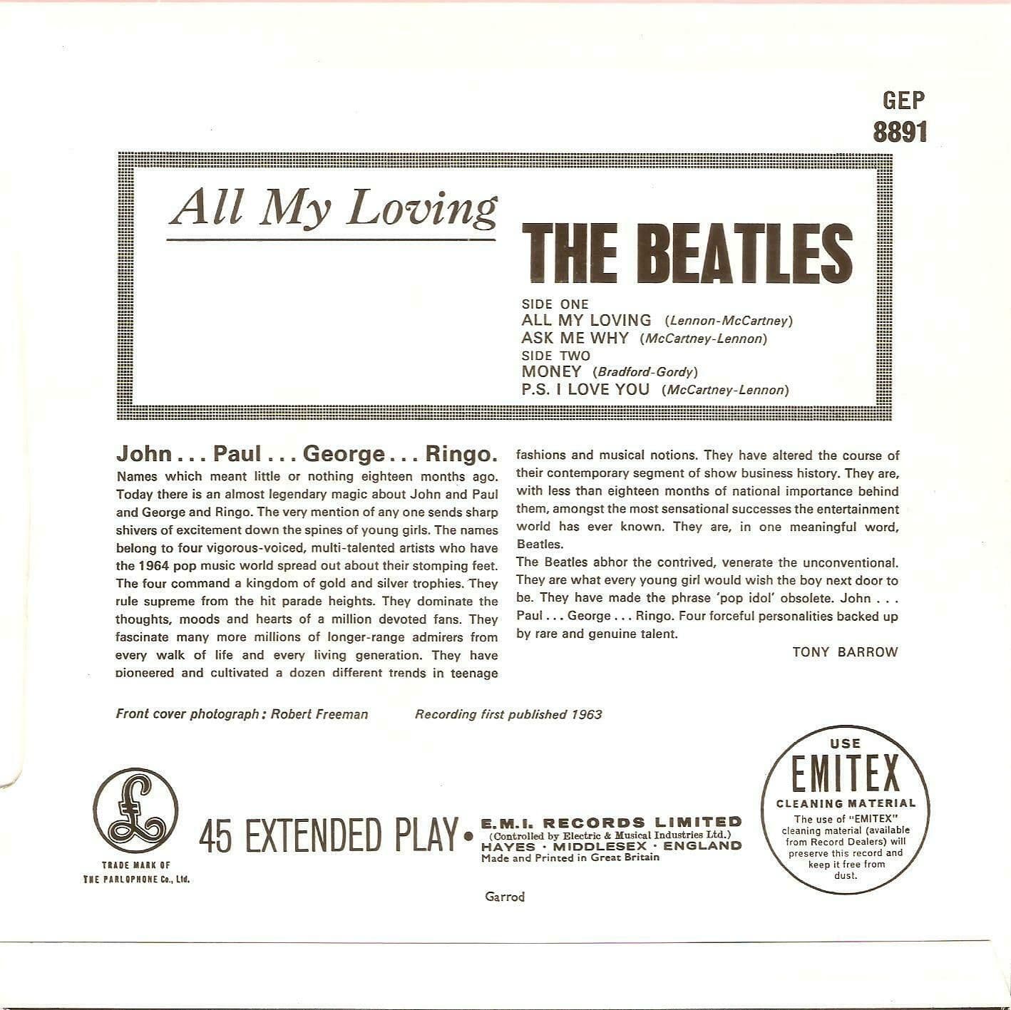 THE BEATLES All My Loving EP Vinyl Record 7 Inch Parlophone