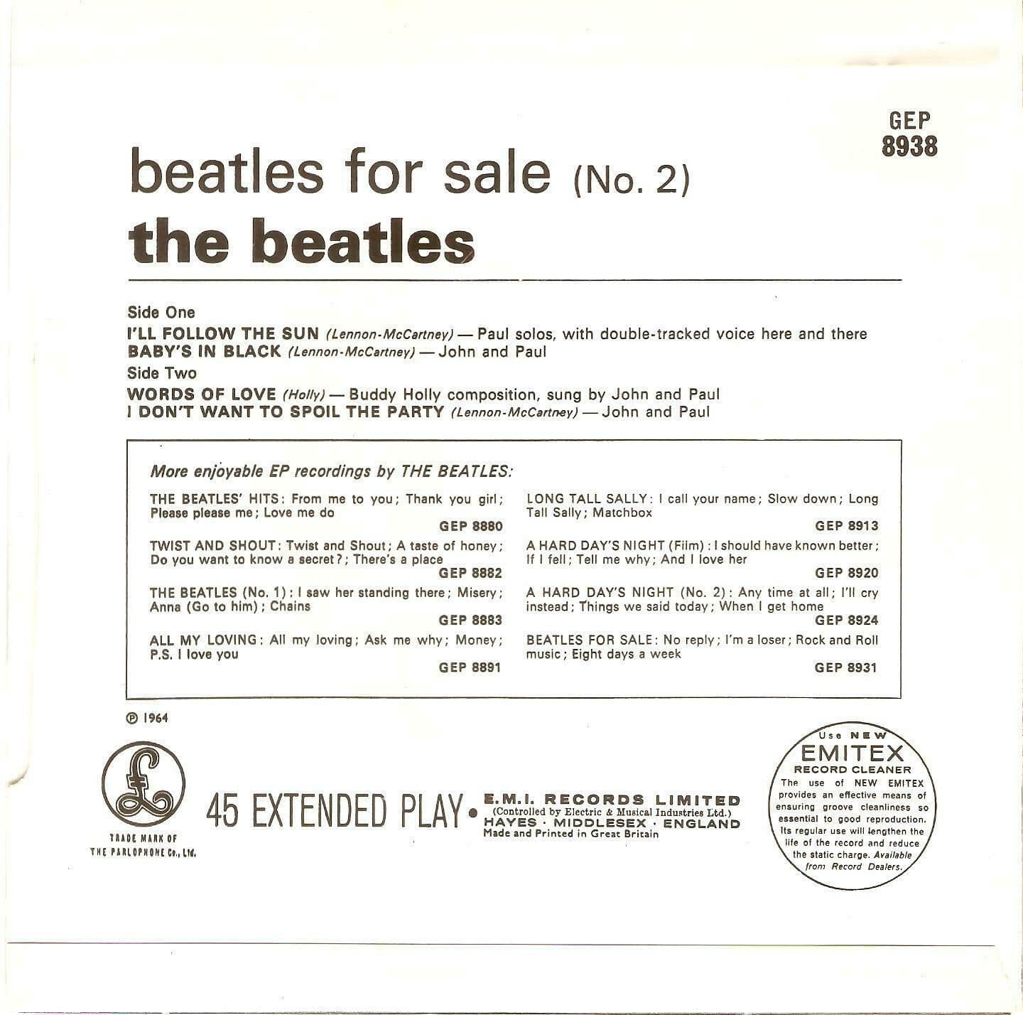 THE BEATLES Beatles For Sale No 2 EP Vinyl Record 7 Inch Parlophone