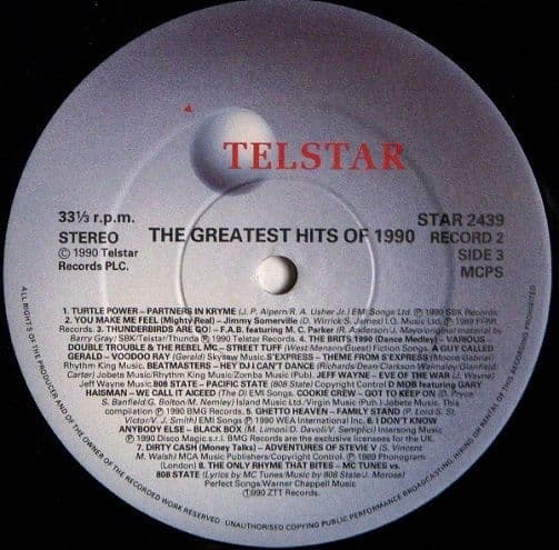 The Greatest Hits Of 1990 Vinyl Record LP Telstar 1990