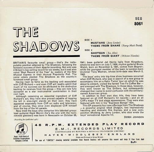 THE SHADOWS The Shadows EP Vinyl Record 7 Inch Columbia 1961