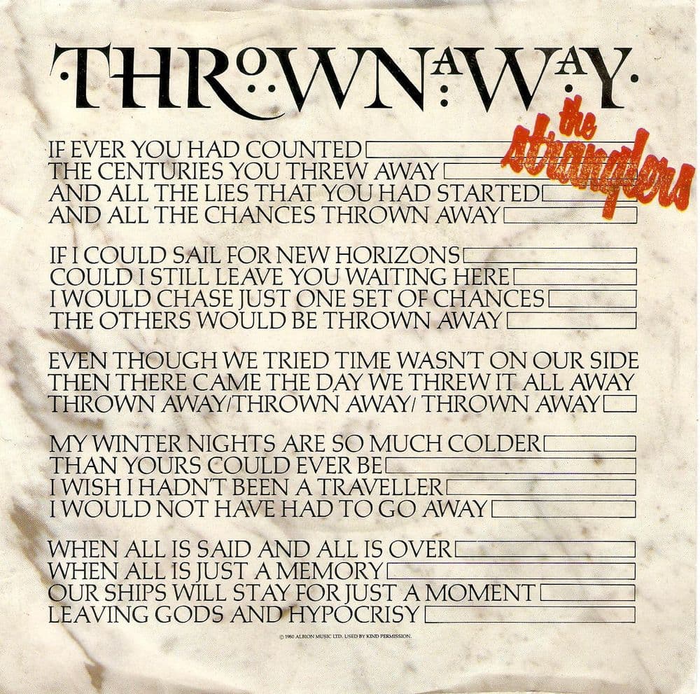 THE STRANGLERS Thrown Away Vinyl Record 7 Inch Liberty 1981