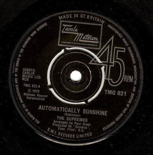 THE SUPREMES Automatically Sunshine Vinyl Record 7 Inch Tamla Motown 1972