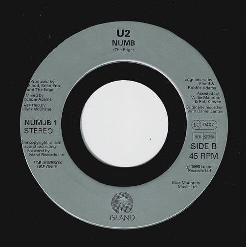 U2 Numb Vinyl Record 7 Inch Island 1993