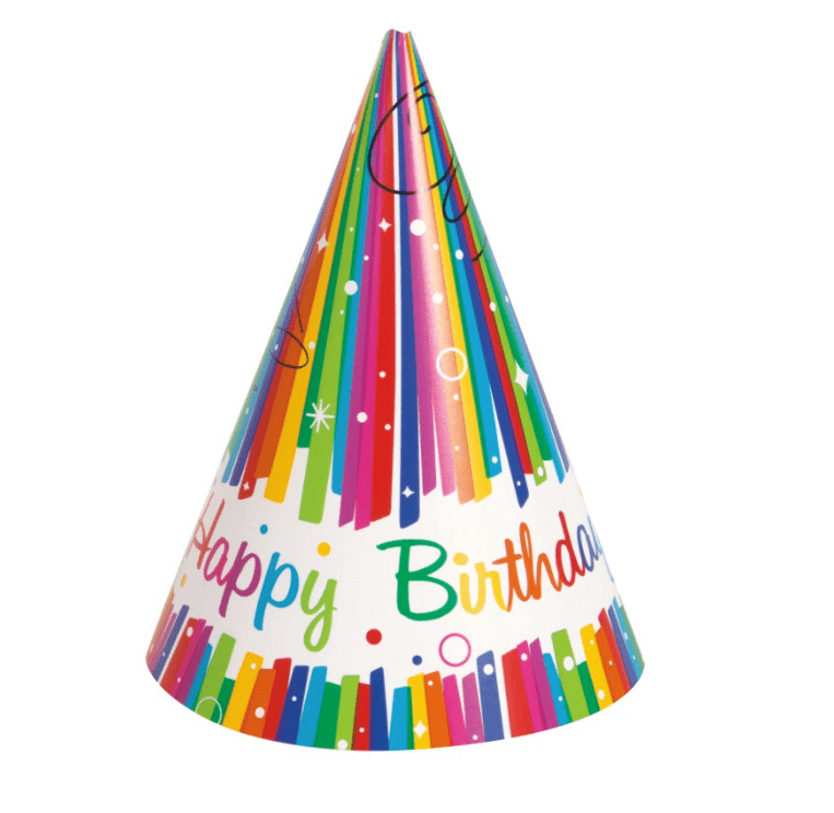 8 Birthday Ribbons Cardboard Party Cone Hats