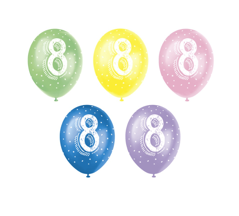 Age 8 Assorted Colour Balloons 5 Pack