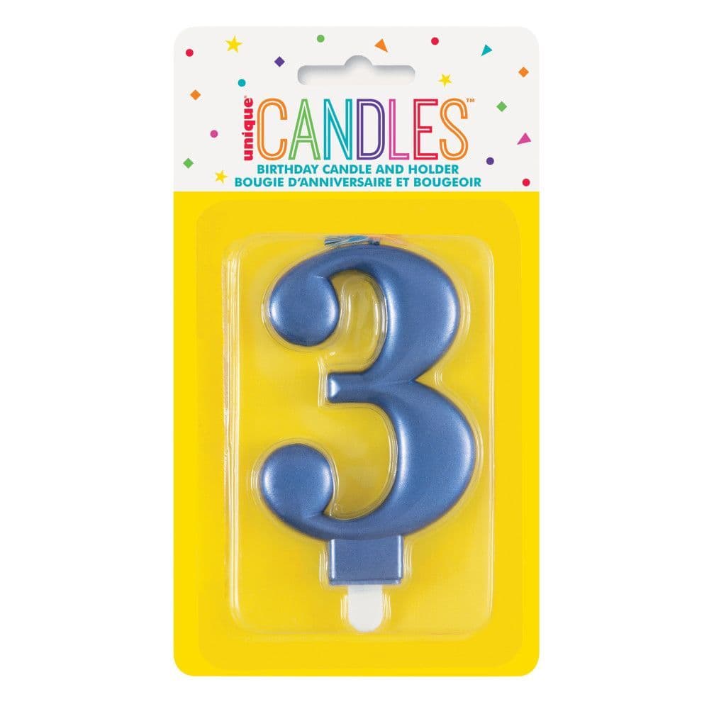 Number Three Blue Metallic Birthday Cake Candle