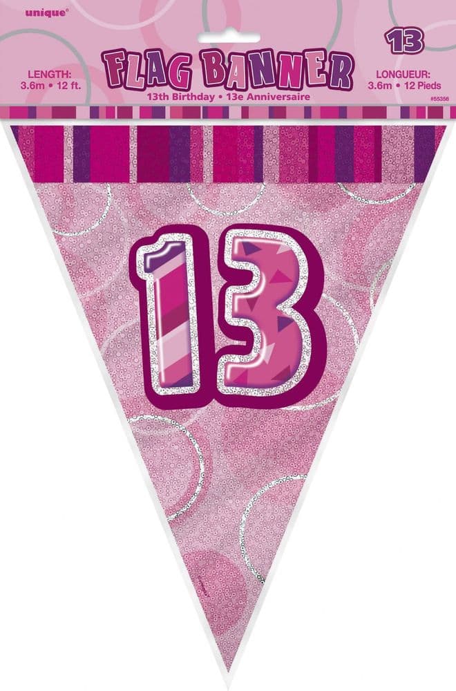 Pink Glitz 13th Birthday Flag Banner