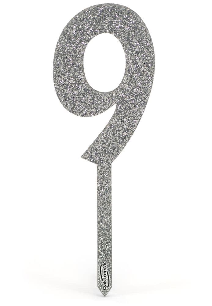 Silver Glitter 9 Cake Topper