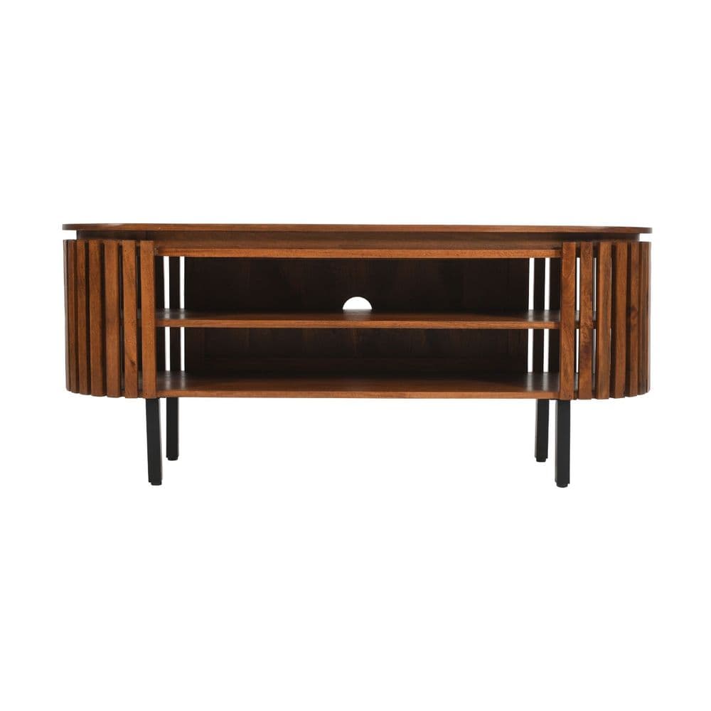 Dark Slatted Curve TV Unit with Open Shelf from Indian Hub