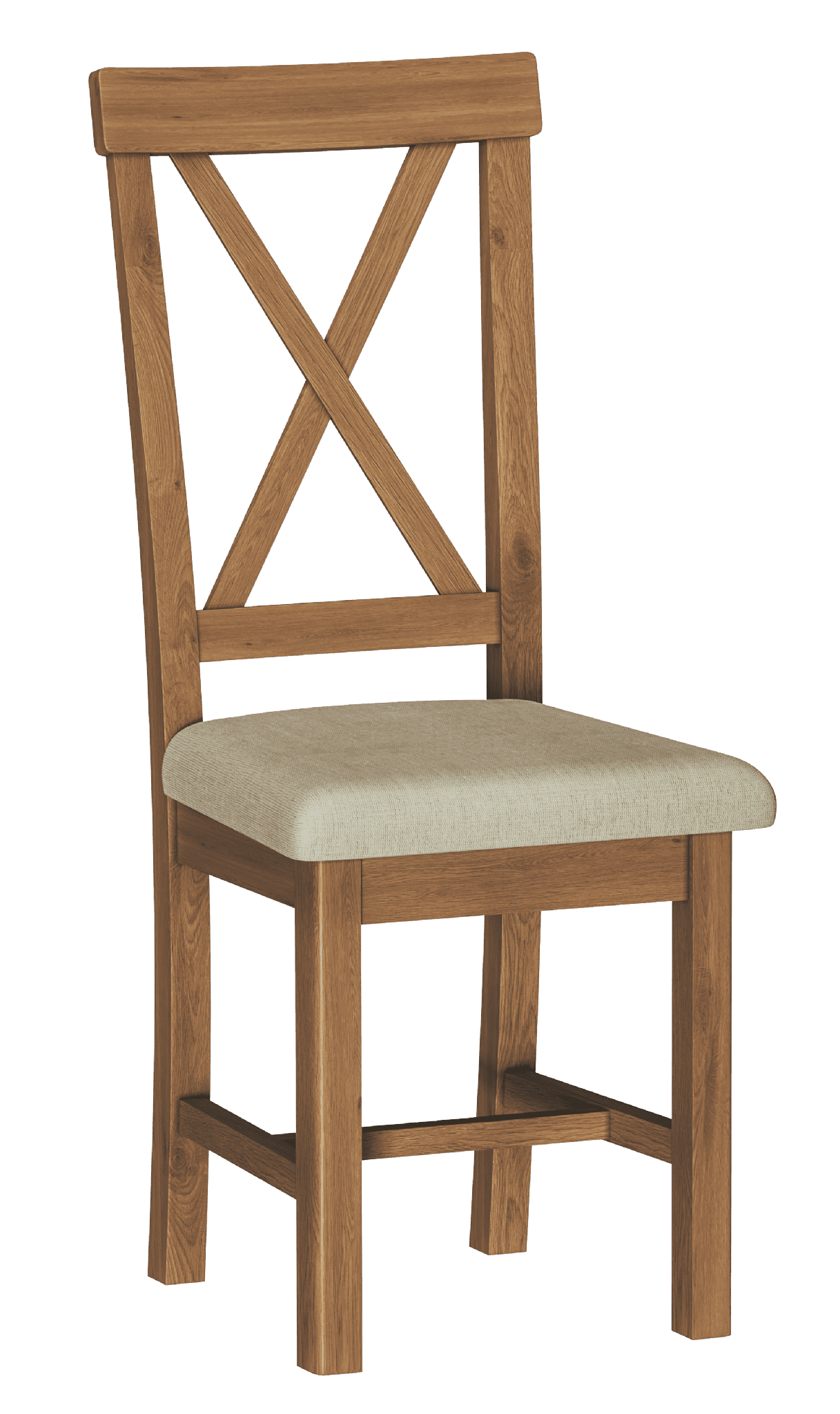 Pair of Cross Back Dining Chairs in rustic oak. finish with Padded Seats