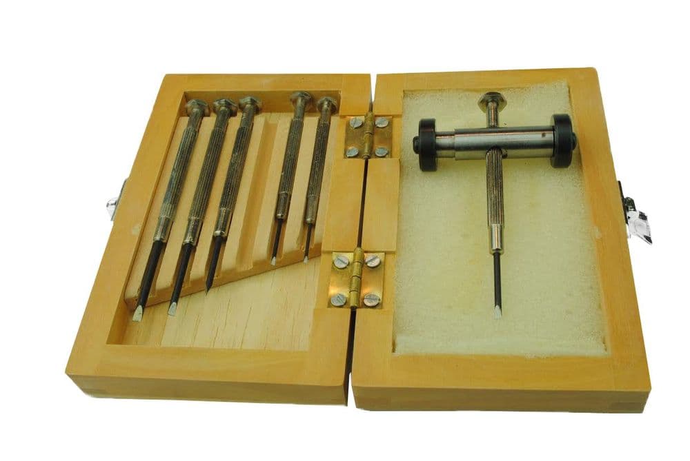 Jewellers Screwdriver Set x 6 in a Wooden Box and a Sharpening Jig J1312