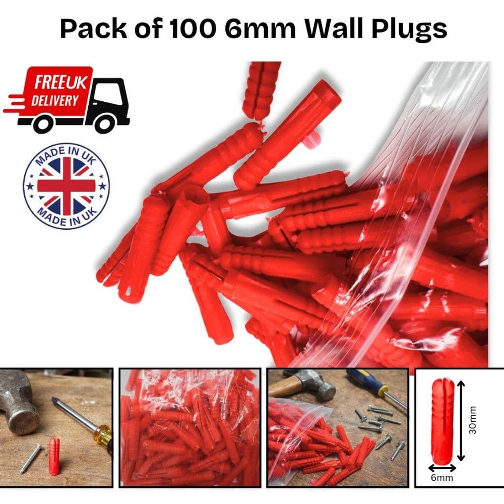 Linic UK Made Fixing Masonry Plastic Wall Plugs Bag of 100 RED S7656A