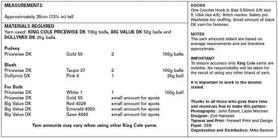 King Cole PUDSEY and BLUSH Bear Toy CROCHET Pattern 1005