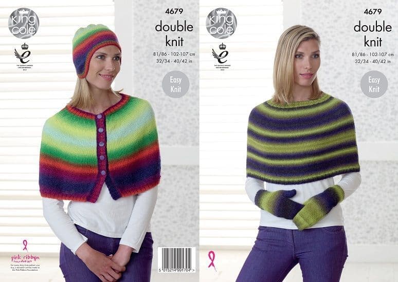 King Cole Riot DK Cape Hat Mittens Knitting Pattern 4679