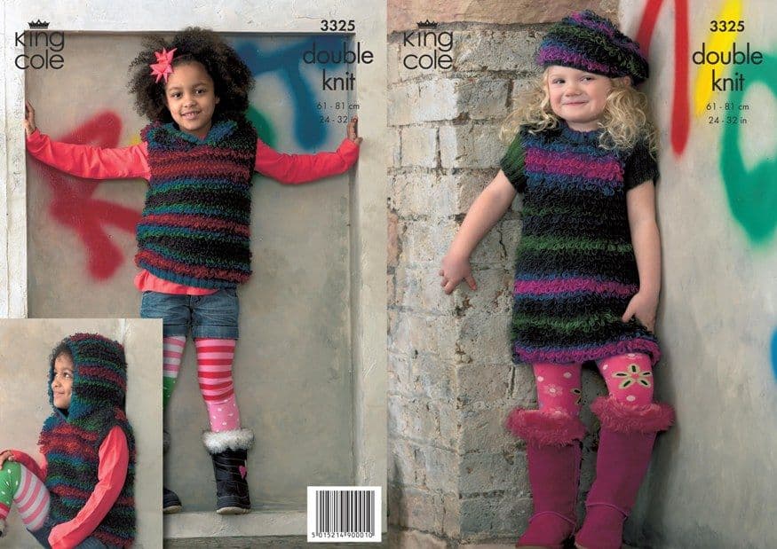 King Cole Riot Sweater Dress Hooded Top and Beret Knitting Pattern 3325