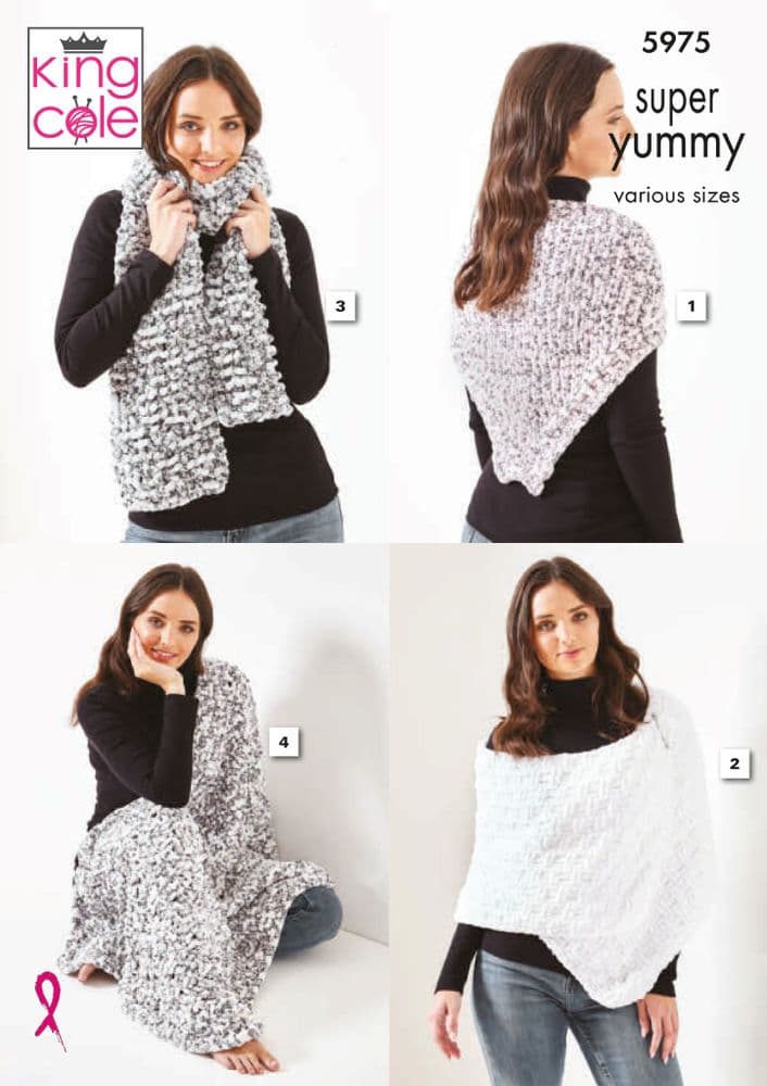 King Cole Super Yummy Knitting Pattern 5975 Shawl Wrap Scarf Blanket