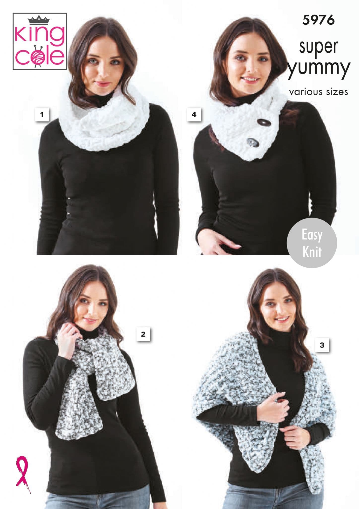 King Cole Super Yummy Knitting Pattern 5976 Cowl Scarves