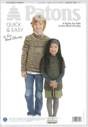 Patons Eco Wool Chunky Kids Knitting Pattern 3744