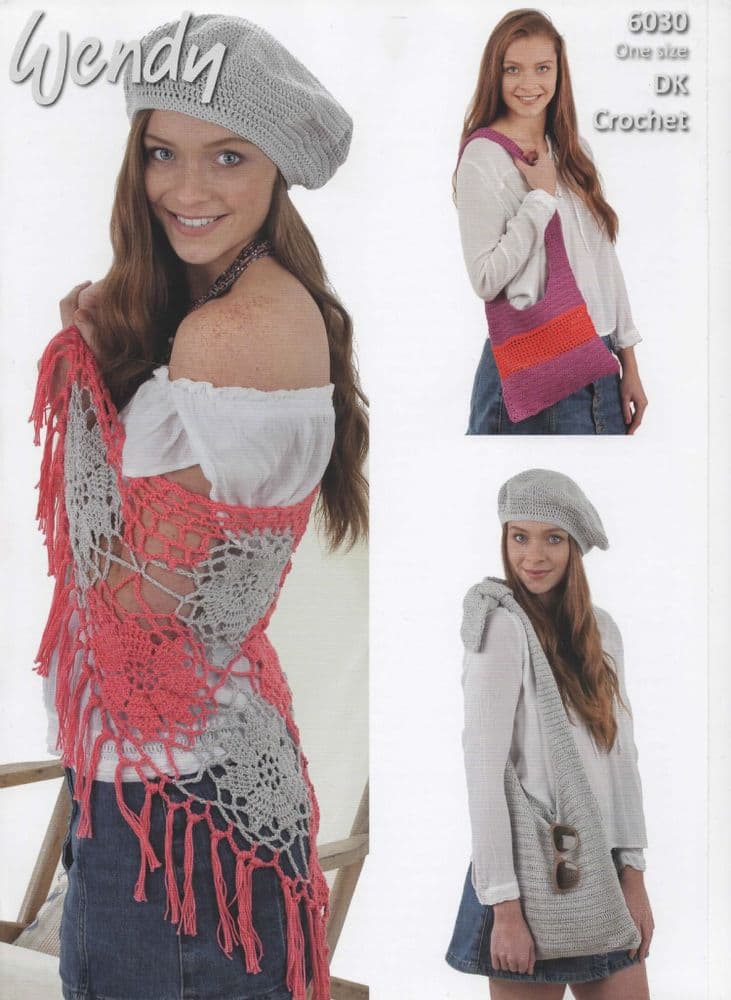 Wendy Cotton DK Shawl Beret Bag 6030 Crochet Pattern REDUCED