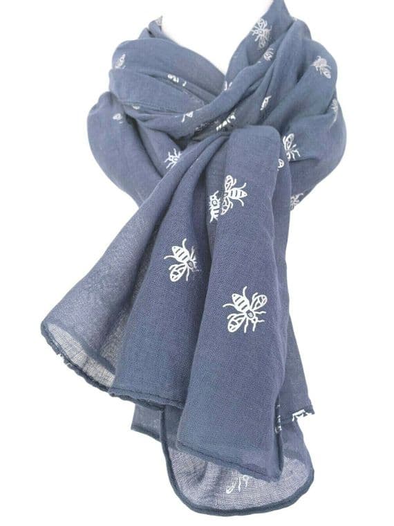Blue Bee Scarf Silver Bumble Bees Pattern