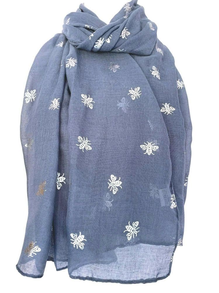 Blue Bee Scarf Silver Bumble Bees Pattern