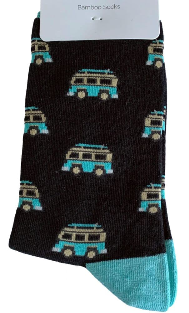 Camper Van Socks Mens Black and Turquoise Blue