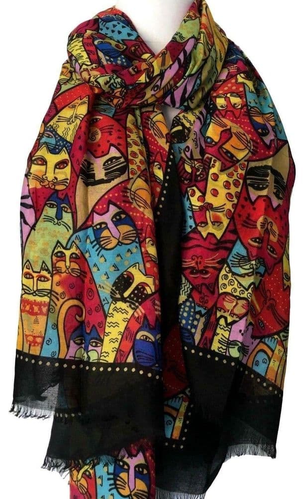 Cat Scarf in Black with a Multi Coloured Cats Pattern