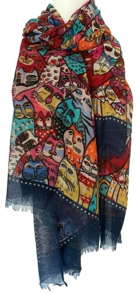 Cat Scarf in Navy blue with a Multi Coloured Cats Pattern in Red Yellow ...