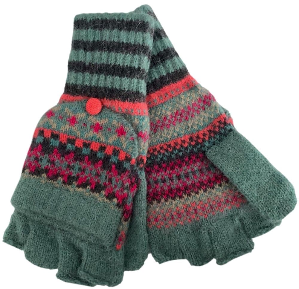 Green Fingerless Gloves Women s Convertible Mittens with Pink and Black ...