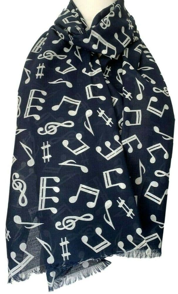 Musical Notes Scarf in Navy Blue and White