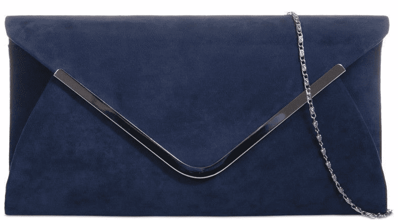 Navy Blue Clutch Bag in Faux Suede with Silver Coloured Metal Trim