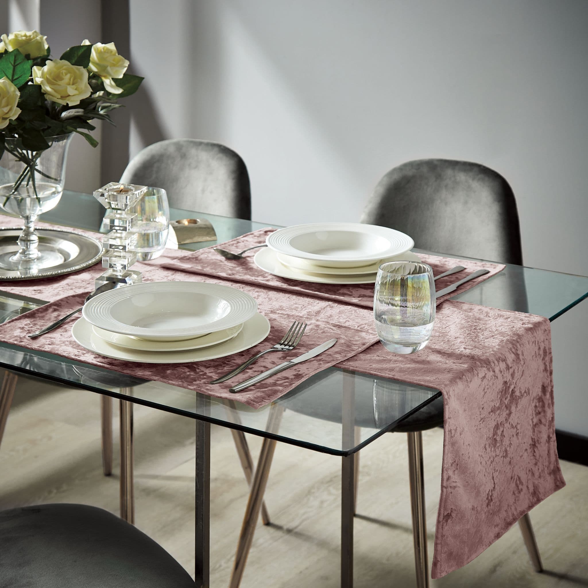 Catherine Lansfield Crushed Velvet Blush Table Runner