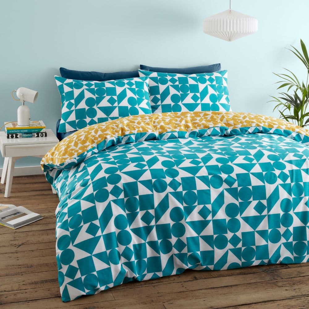 Catherine Lansfield Retro Geo Ochre/Teal Duvet Cover Set