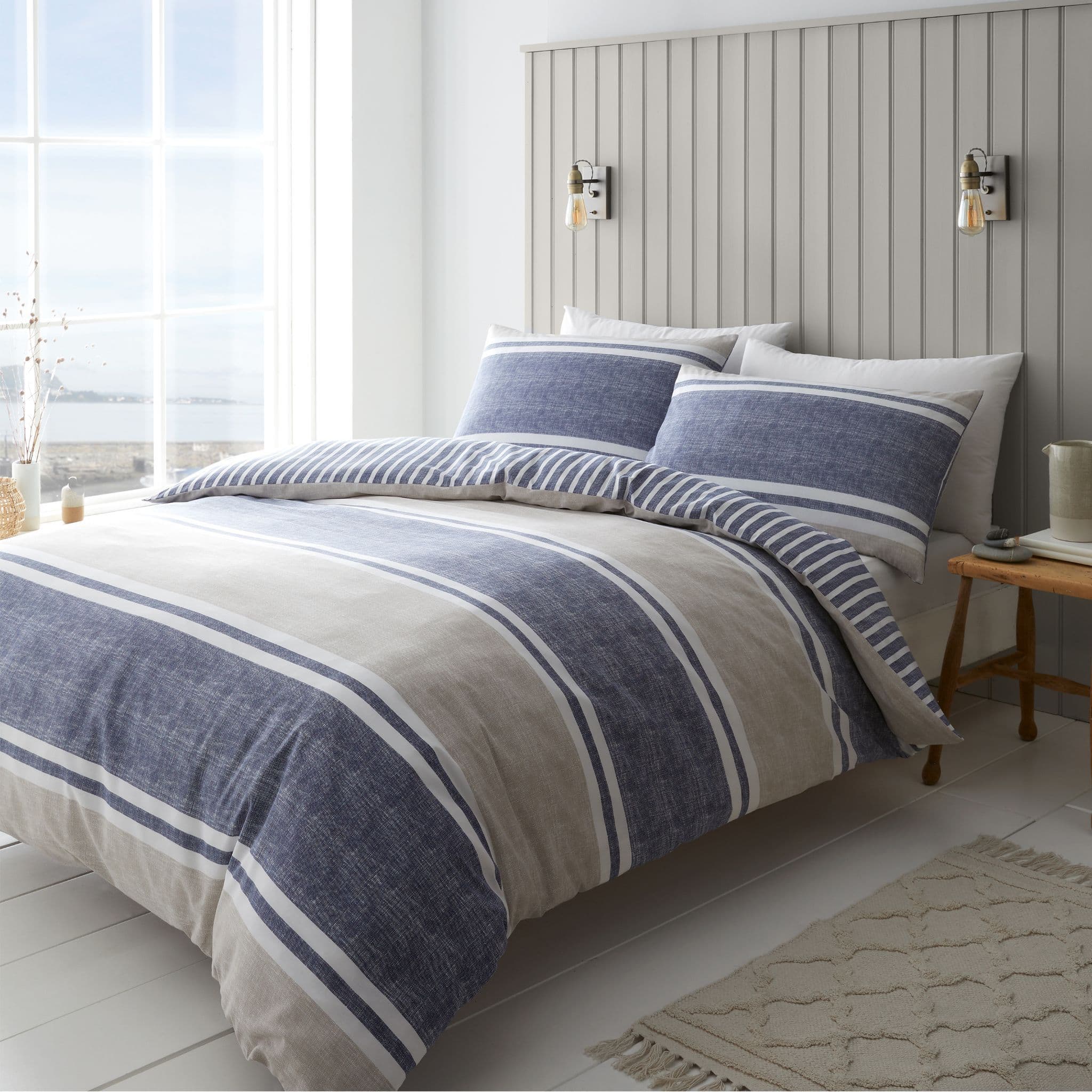 Catherine Lansfield Textured Banded Stripe Blue Duvet Cover Set
