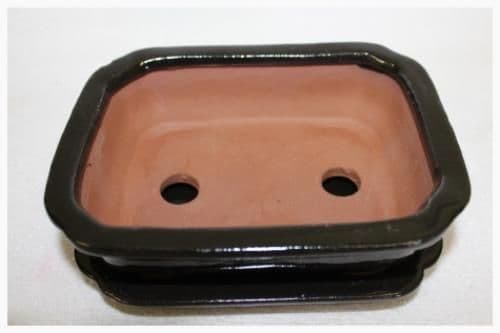 Bonsai Pot Rectangle 16cm Black Glazed Saucer