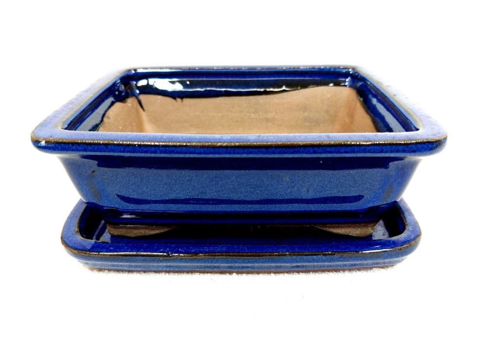 Bonsai Pot Rectangle 16cm Blue Glazed Saucer