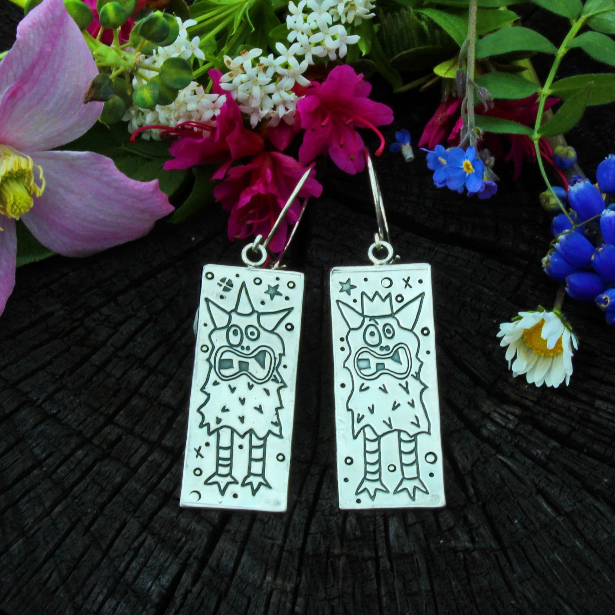 Monster earrings fun polished silver