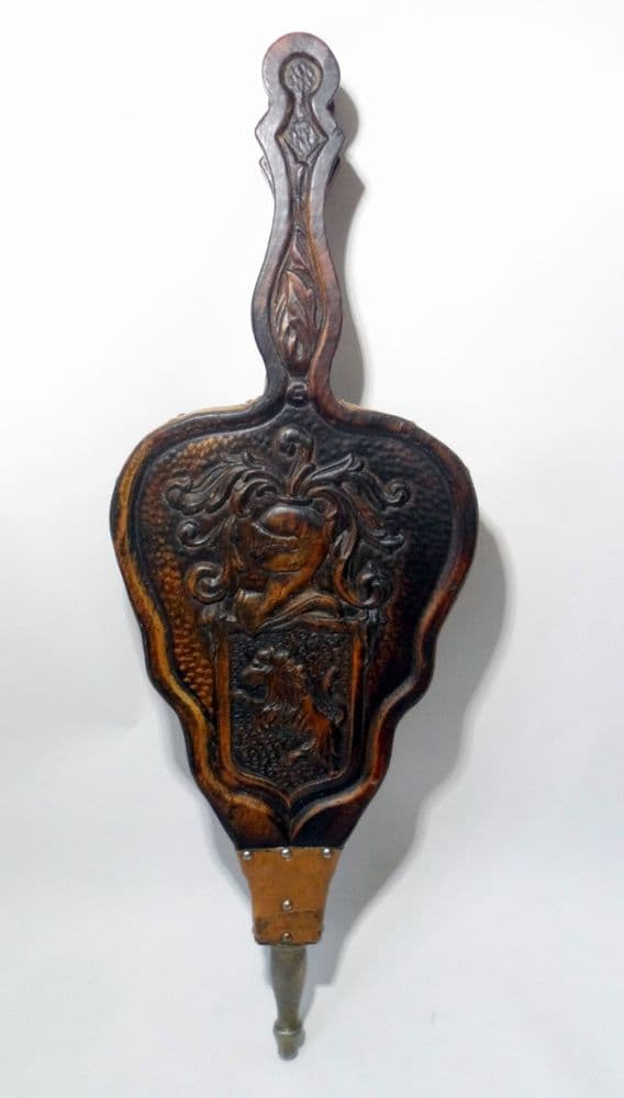 Antique 19th C Large Fireside Carved Wood & Leather Fire Bellows Knight ...