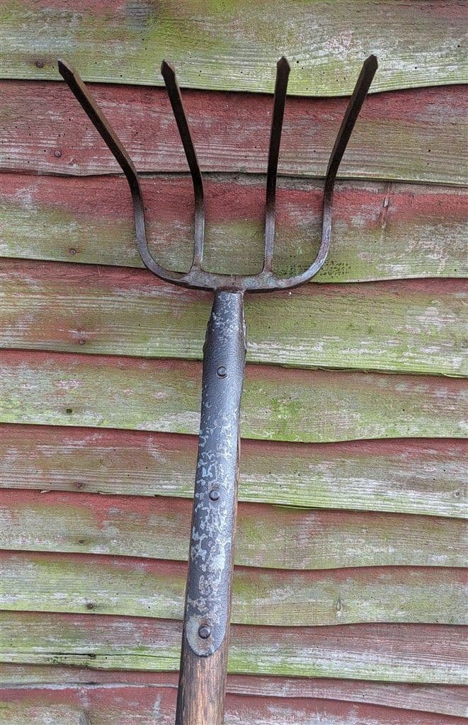 Antique Vintage Farming Tool Long Thick Handled Manure Drag Fork 4 Tine ...
