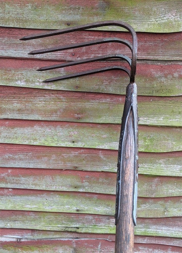 Antique Vintage Farming Tool Long Thick Handled Manure Drag Fork 4 Tine ...