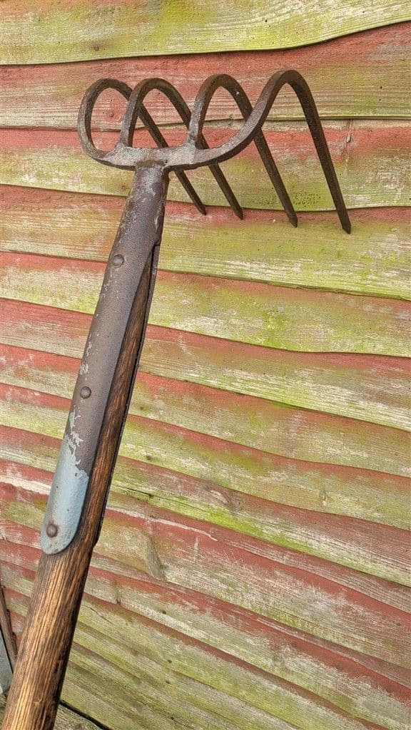 Antique Vintage Farming Tool Long Thick Handled Manure Drag Fork 4 Tine ...