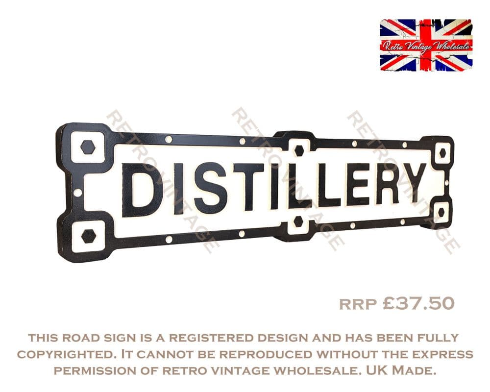 Distillery Industrial White Road Sign