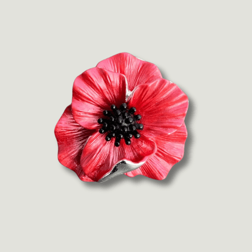Poppy Red Flower Lapel Pin Silver Tone