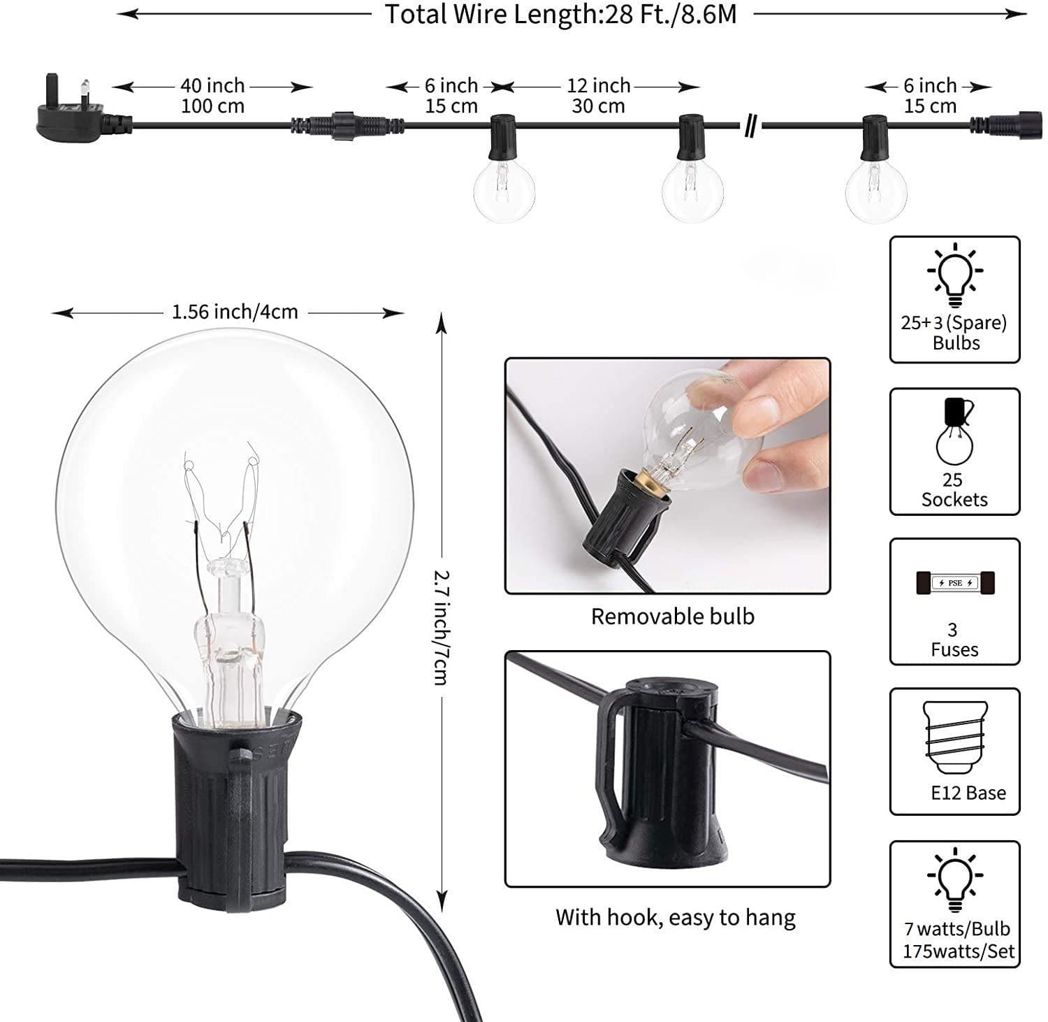Outdoor Lights Festoon Garden Party String Lights G40 25FT Connectable 25 Bulbs