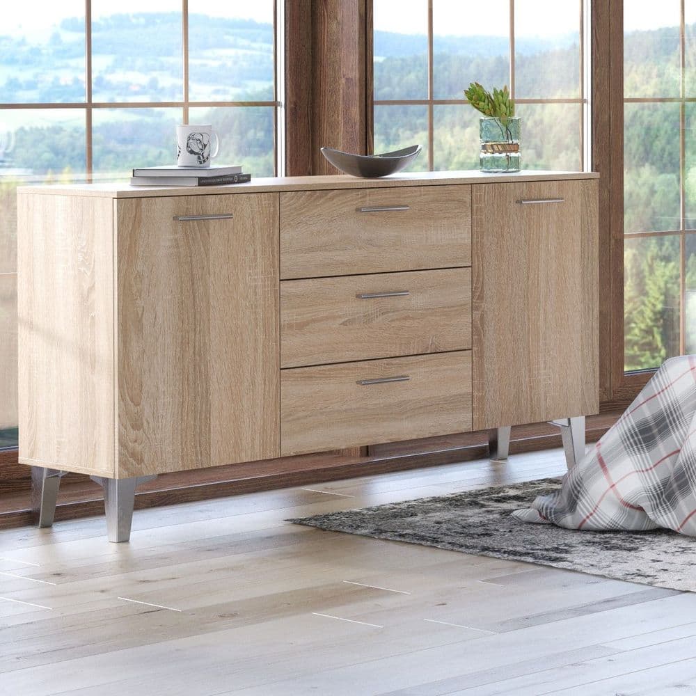 Cellini Sonoma Oak Effect Wide Modern 2 Door 3 Drawer Sideboard Storage ...